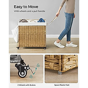 SONGMICS Laundry Hamper with Lid, 37 Gallon (140L), Rolling Laundry Basket with Wheels, 3-Section Synthetic Rattan Laundry Hamper, Removable Liner, Bedroom, 26x13x26 Inches, Natural ULCB363N01