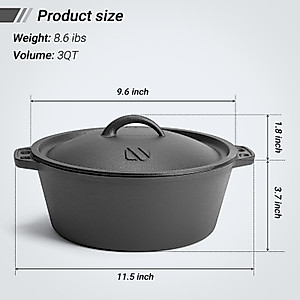 Pre-Seasoned Cast Iron Dutch Oven Pot with Lid, for Braising, Broiling, Frying, Sourdough Bread Baking, Camping Cookware, BBQ,3 Quart Pan