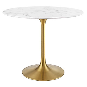 Modway Lippa 36" Mid-Century Dining Table with Round Artificial Marble Top in Gold White