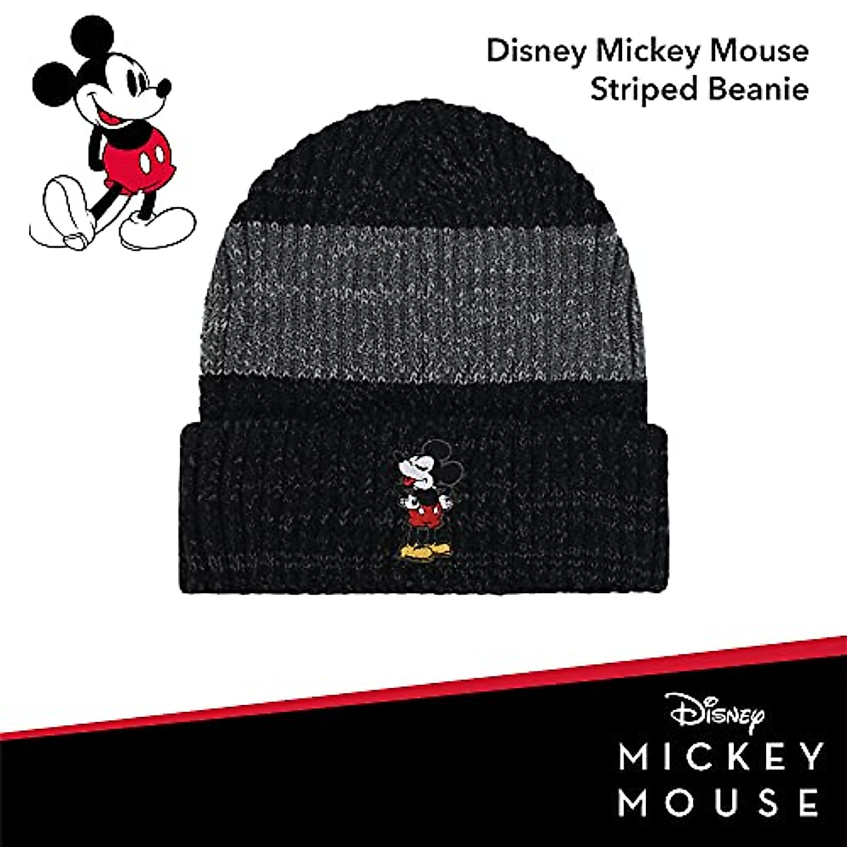 Disney Mickey Mouse Cuffed Beanie Hat, Knitted Stocking Cap, Black/Grey