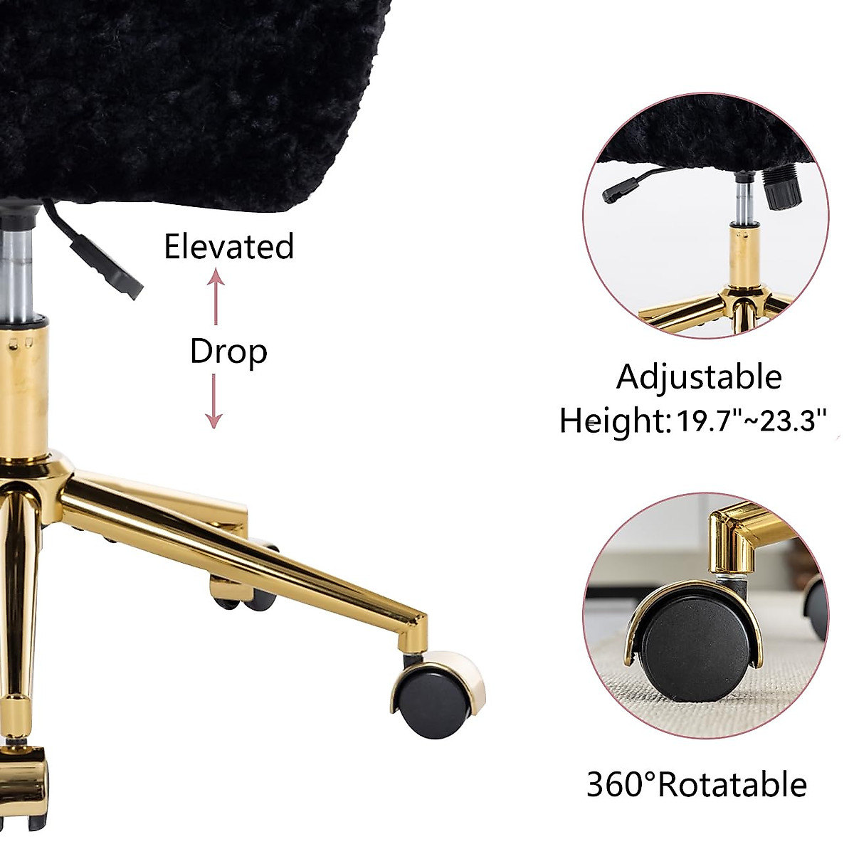 Faux Fur Desk chair Vanity Makeup Chair, Comfy Fluffy Swivel Home Office Chiar with Wheels, Height Adjustable Comfy Fluffy Desk Chair for Teens Girls Women, Easy Movable (Black-rabbit fur, Gold Base)