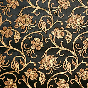 Black & Antique Gold Floral Brocade Fabric, Jacquard Fabric, Fabric by The Yard, 29 Inches Wide