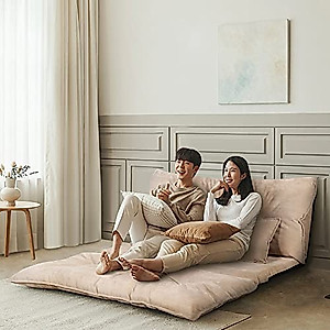 Sucrever Floor Sofa Chair with Adjustable 6-Position and 2 Pillows for Adults, Folding Lazy Sofa Sleeper Bed Couch for Reading or Gaming, Chaise Lounge Chair for Bedroom Living Room, Beige