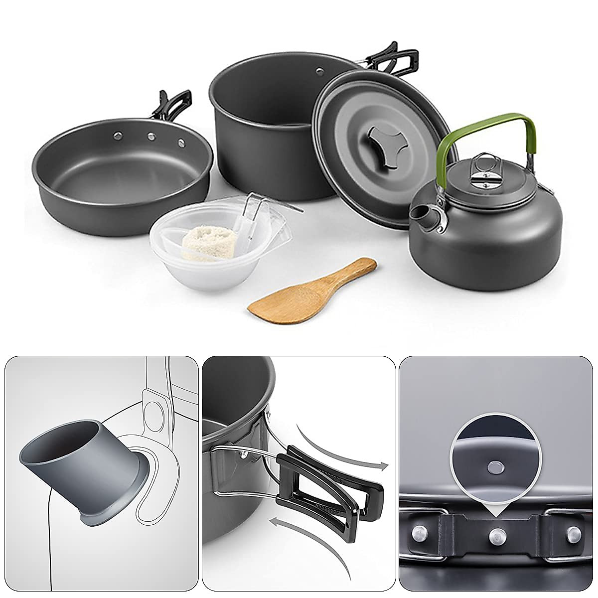 Swiftrans Aluminum Outdoor Camping Cookware Set, Folding Cookset Camping Teapot and Pans Set Equipment，Lightweight Pots, Pans with Mesh Set Bag for Backpacking, Hiking, Picnic