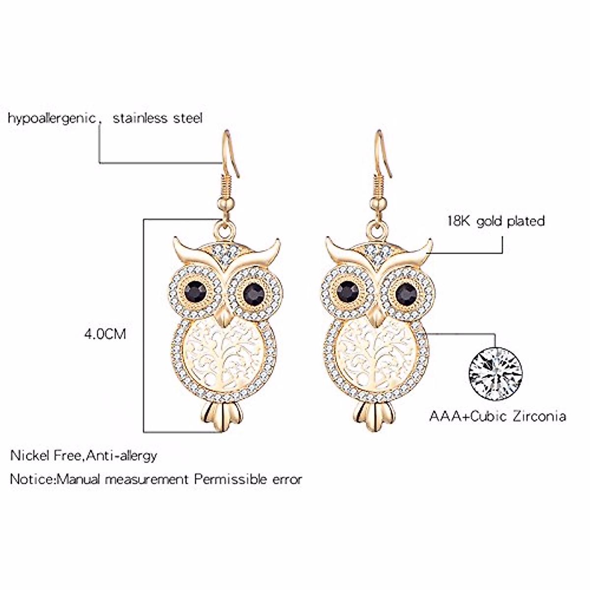 Cute Owl Drop Earrings with CZ Crystal for Women Girls - Clear Diamante Animal Dangle Earring, Anti-allergy Statement Costume Jewelry