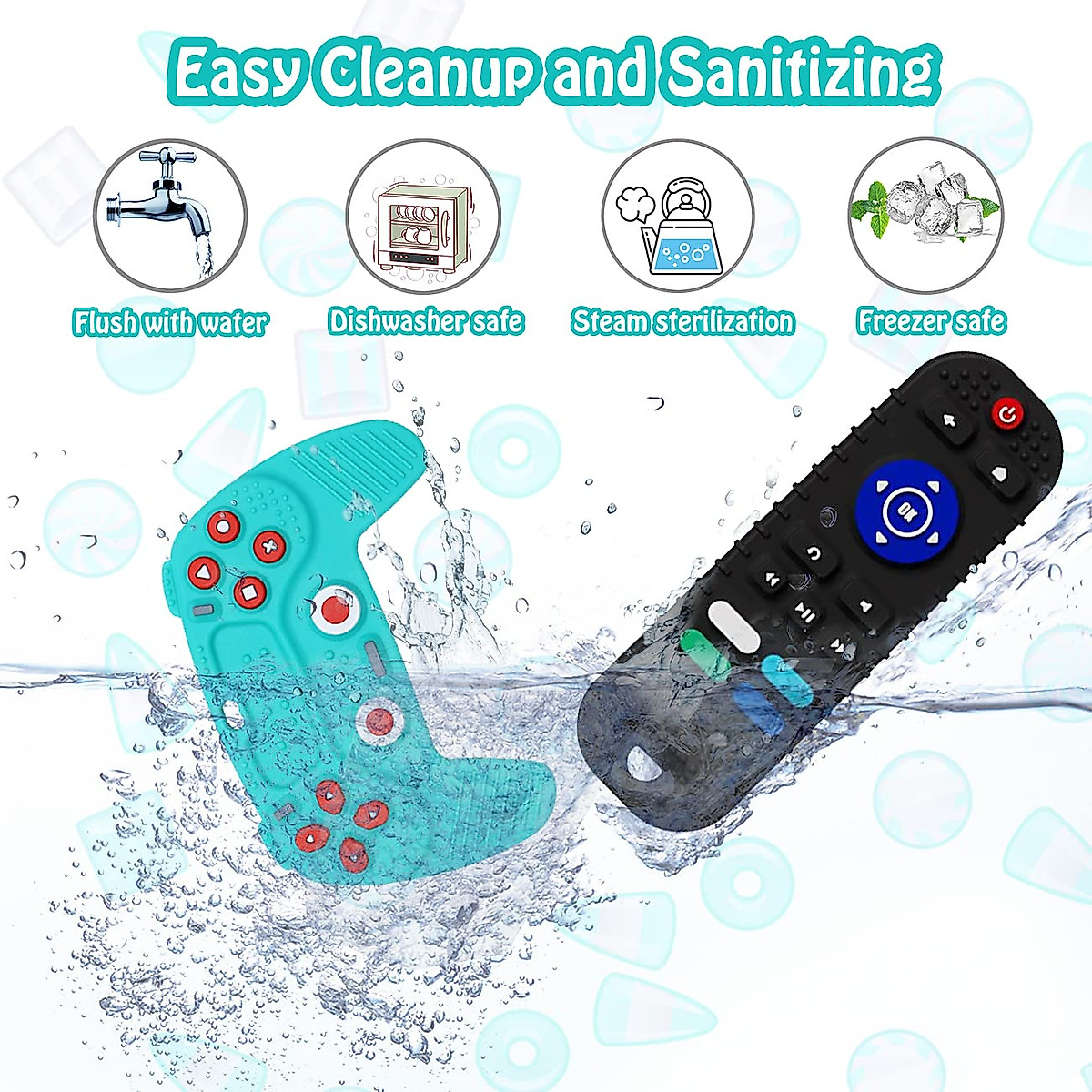 Silicone Baby Teething Toys, 2 Pack Teethers for Babies with Pacifier Clip, Game Remote Control Teether for Baby Boys Girls, Durable Sensory Chew Toys for Kids Toddlers Infants