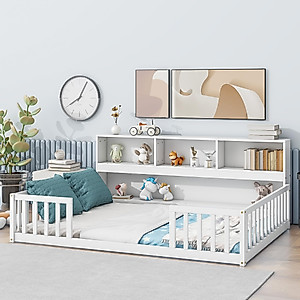 SOFTSEA Full Size Floor Bed with Bedside Bookcase and Storage Shelves, Solid Wood Floor Bed Frame with Guardrails for Boys and Girls Bedroom, Easy Assembly, White
