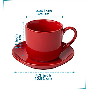 4oz. Espresso Cups Set of 4 With Matching Saucers - Premium Porcelain, 8 Piece Gift Box Demitasse Set - Red, Blue & Grey – Italian Caffè Mugs, Turkish Coffee Cup – Lungo Shots, Dopio Double Shot