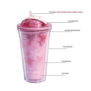 PMCDS2G Insulated Tumbler with Lid and Straw Double Wall Reusable Leakproof 16oz Travel Tumbler Cup Water Bottle BPA Free - Pink