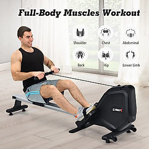 GYMAX Folding Magnetic Rowing Machine, 8 Level Adjustable Rower with LCD Monitor & Device Holder, Full Body Workout Home Gym Exercise Equipment for Small Space