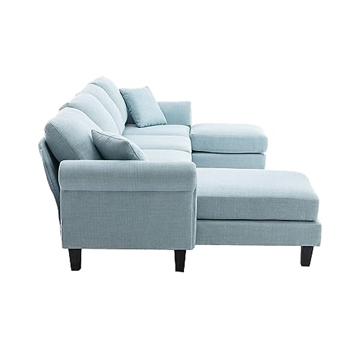 Convertible Sectional Sofa Couch, U Shaped Modular Accent Sofa with Ottoman and 2 Pillows and Solid Wood Legs, Modern Fabric Upholstered Sofa Set, for Living Room, Lounge, Light Blue