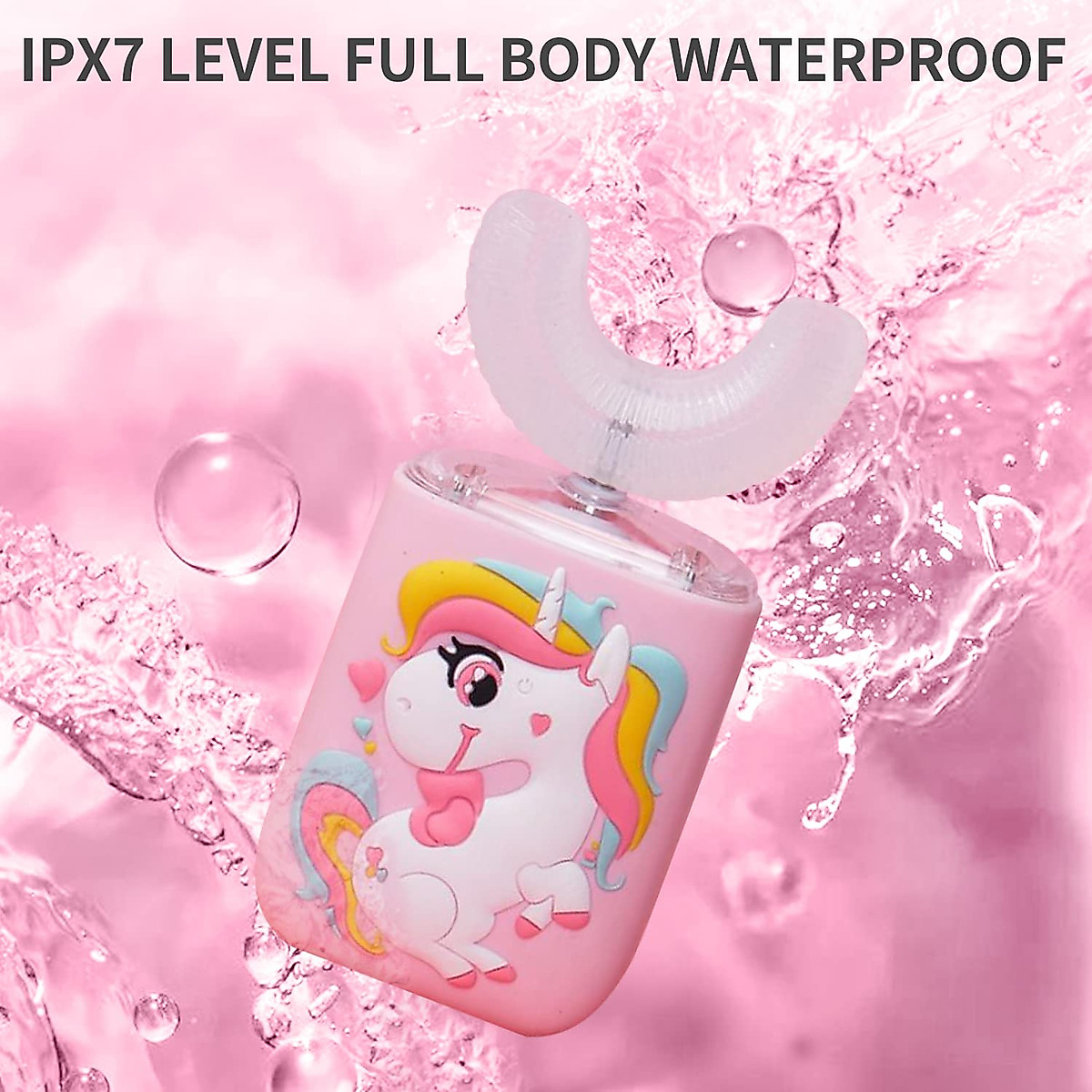 RZM Kids Automatic Sonic Toothbrush- 2 Ergonomic U-Shaped Toothbrush and 1 Regular Brush Head, Six Modes for 360° Sensitive Oral Tooth Cleaning(Pink Unicorn)