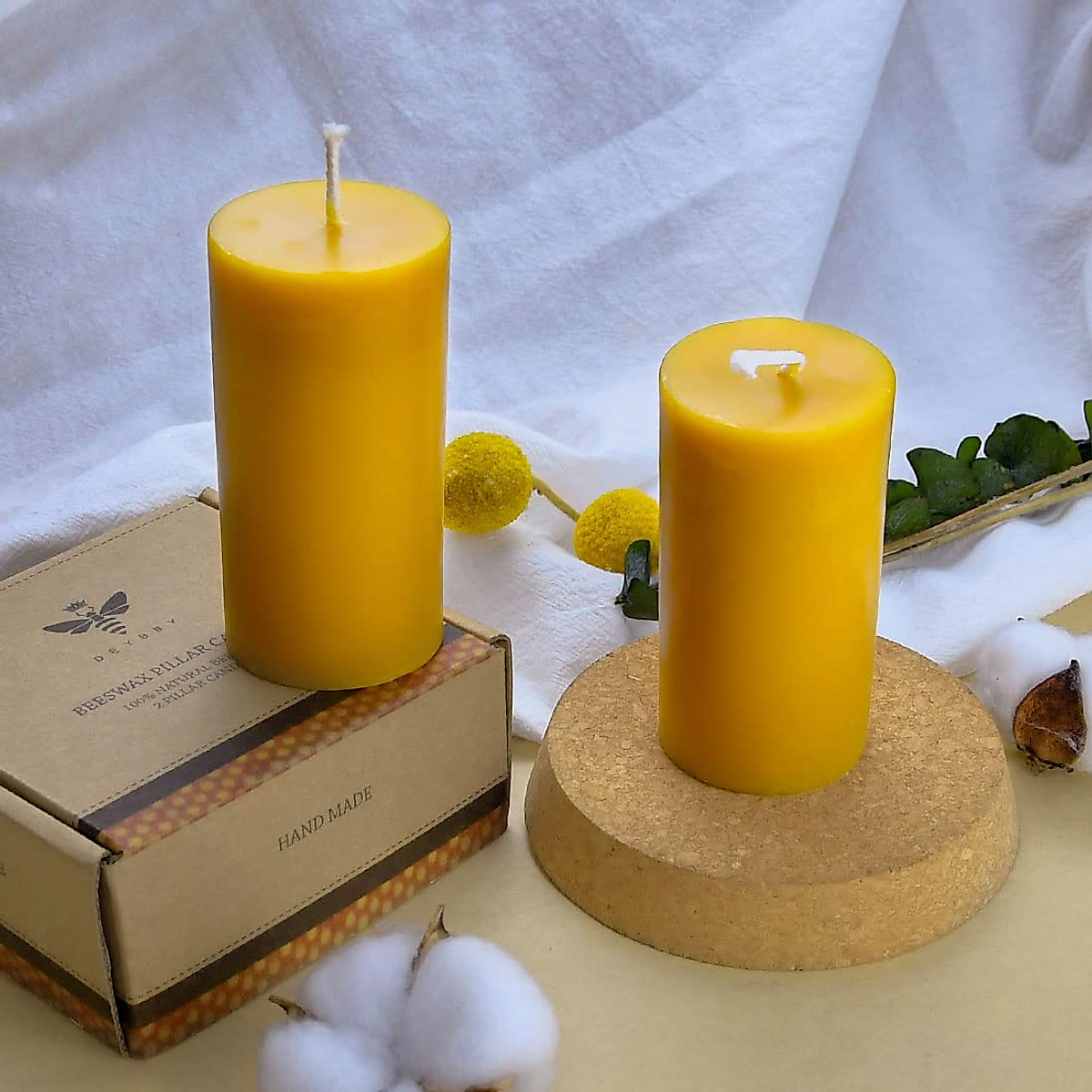 Natural Beeswax Pillar Candle, Smokeless Dripless Pure Beeswax Candle Set with Natural Scent for Room Decoration Prayer Party, Long Lasting Burn Time,1.89x3.86 inch (2 Pack),Brown Raw
