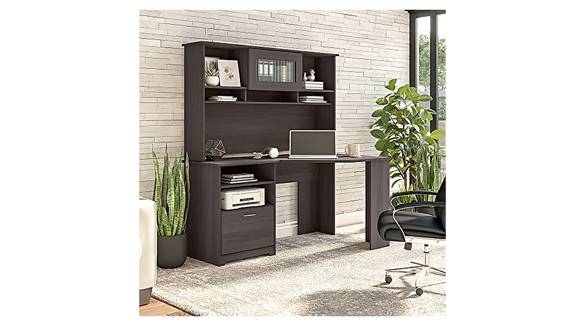 Bush Furniture Cabot Corner Desk with Hutch in Heather Gray - Organized ...