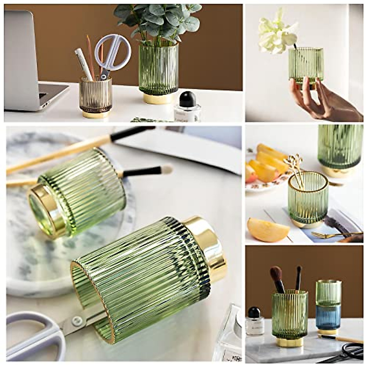 DASITON Makeup Brush holder Organizer,Crystal Cosmetic Makeup Brush Glass Brushes Storage Holder, Vintage Make Up Brush Cup Pen Pencil Holder striped vase(Green S+L