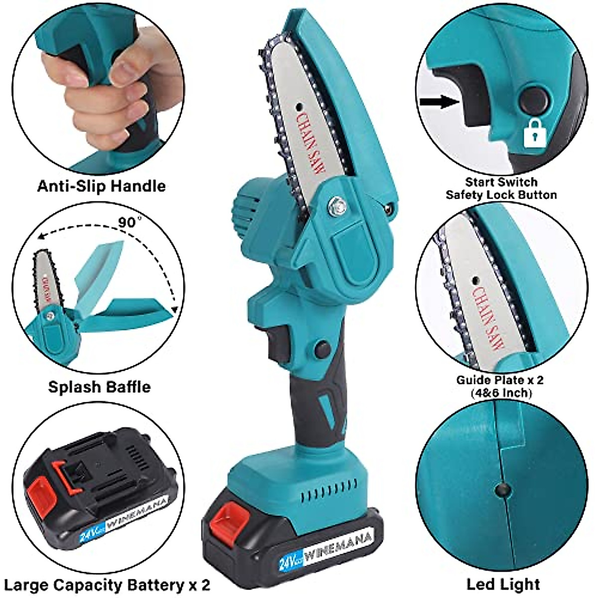 winemana Mini Chainsaw 4 & 6 Inch with 2 Battery, Cordless Battery Powered Electric Chainsaw, Powerful Handheld Small Chain Saws for Wood Cutting, Tree Trimming, Branch Pruning, Garden Tools