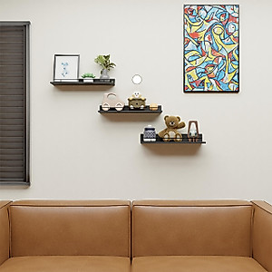 Giftgarden 16 Inch Black Floating Shelves with Black Metal Guardrail, Wood Shelves for Wall Storage Set of 3, Wall Shelf for Bathroom Bedroom Living Room Kitchen Nursery