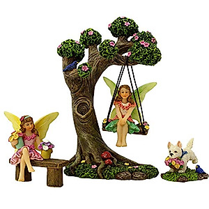 PRETMANNS Fairy Garden Accessories – Fairy Garden Fairies - Fairy Garden Kit, with Garden Fairies – Cute Garden Fairy Miniatures & Fairy Tree Swing with Puppy – 4 Piece Fairy Set