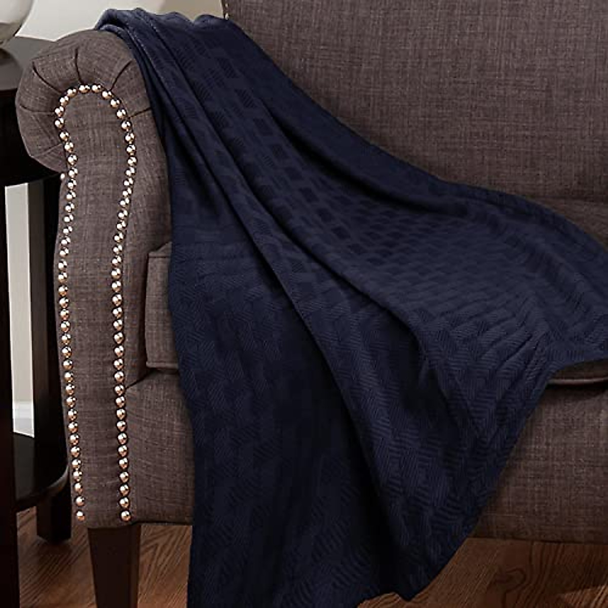 SUPERIOR 100% Cotton All-Season Blanket, Basket Weave Design, Soft, Comfy Cover for Bed, Bedding, Bedroom, Couch Throw, Lounging, Modern Boho Medium Weighted Blankets, California King, Navy Blue