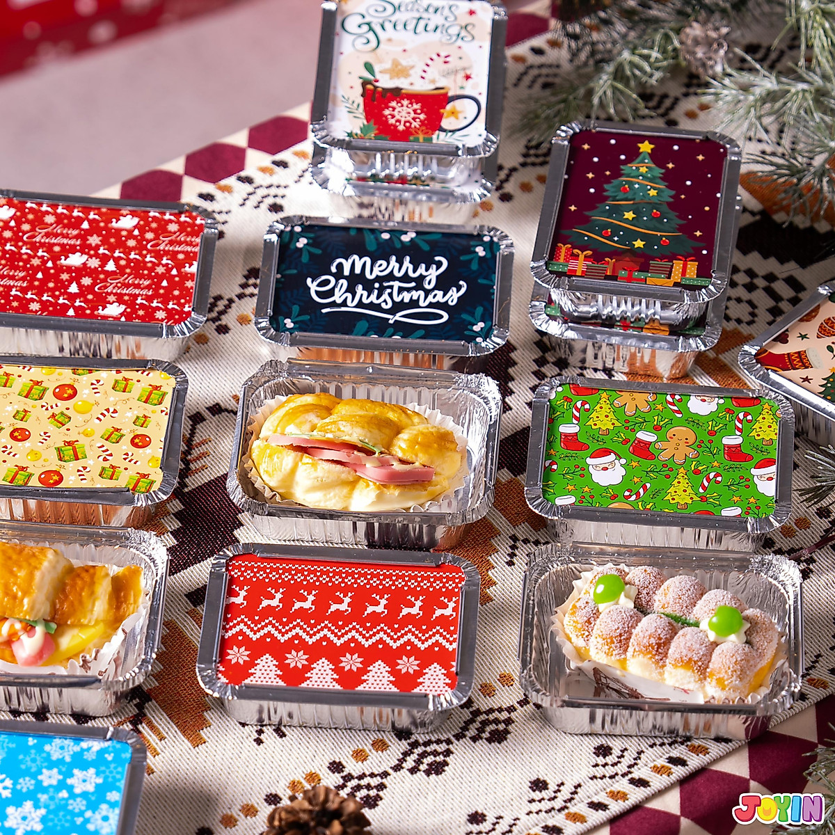 JOYIN 36 Pieces Christmas Foil Containers with Lids, 9 Holiday Designs, 5"x4"x1.5" Rectangular Treat Foil Containers, Disposable Food Storage Pan for Holiday Leftovers Goodie Container