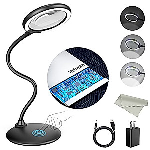 5X Rechargeable Magnifying Glass with Light and Stand, Raweao Dimmable Lighted Magnifying Lamp Glass Hands Free for Reading, Close Work, Hobbies, Crafts