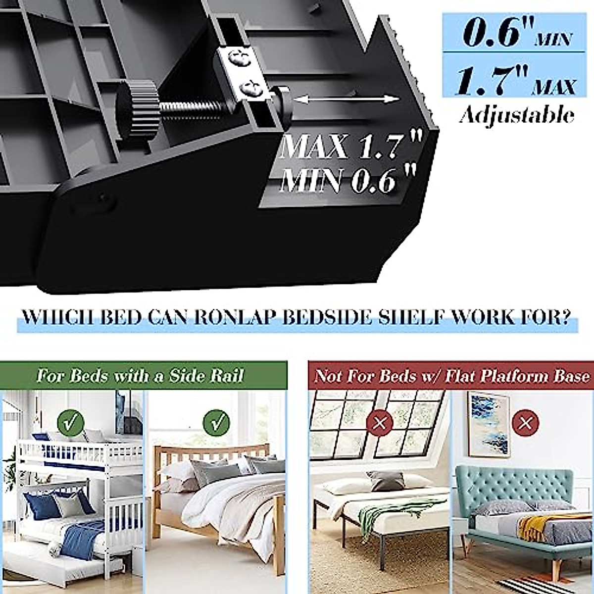 Ronlap Folding Bedside Shelf, Bunk Bed Shelf Organizer for Top Bunk Clip On Nightstand for College Dorm Loft Bed Plastic Bedside Shelf Tray for Kids with Cupholder Hooks Hanging Cup, Plus Size, Black