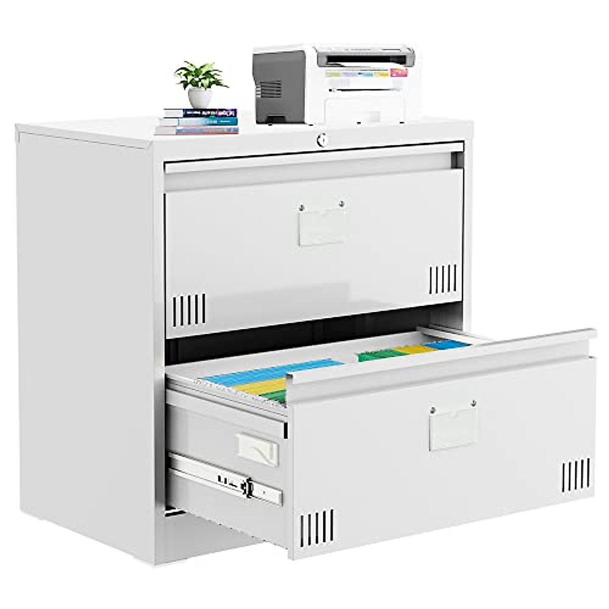 Lateral File Cabinet with Lock, 2 Drawer Metal File Cabinets for Home Office Hanging Letter/Legal/F4/A4, Metal Horizontal File Cabinet with Card Slot for Easy Organization(White)