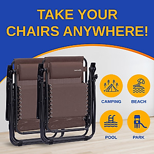 SereneLife Zero Gravity Lounge Chair - Set of 2 Adjustable Recliners and Side Table, Includes Removable Padded Headrest Pillows, Breathable Mesh Fabric, Lightweight and Foldable, Brown