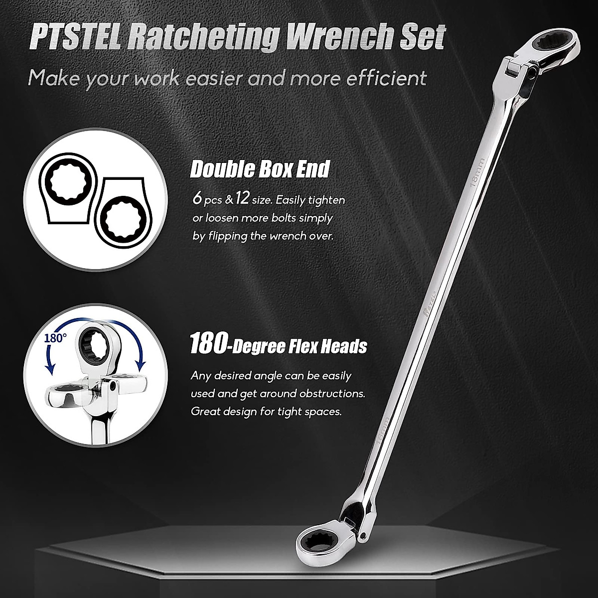 PTSTEL Ratcheting Wrench Set, Extra Long Double Box End Wrench Set，Flex-Head Metric Spanner Set, 6 Piece 72-Tooth Ratcheting Wrench Kit, 8-19mm (6, 8-19mm)