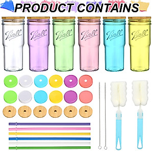 XLSXEXCL 6 Pack Mason Jar Cups with Lids and Straws, 24 OZ Reusable Ice Coffee Cups Mason Drinking Glasses Tumbler Cups Set for Boba Tea, Smoothies, Cold Brew, Beer