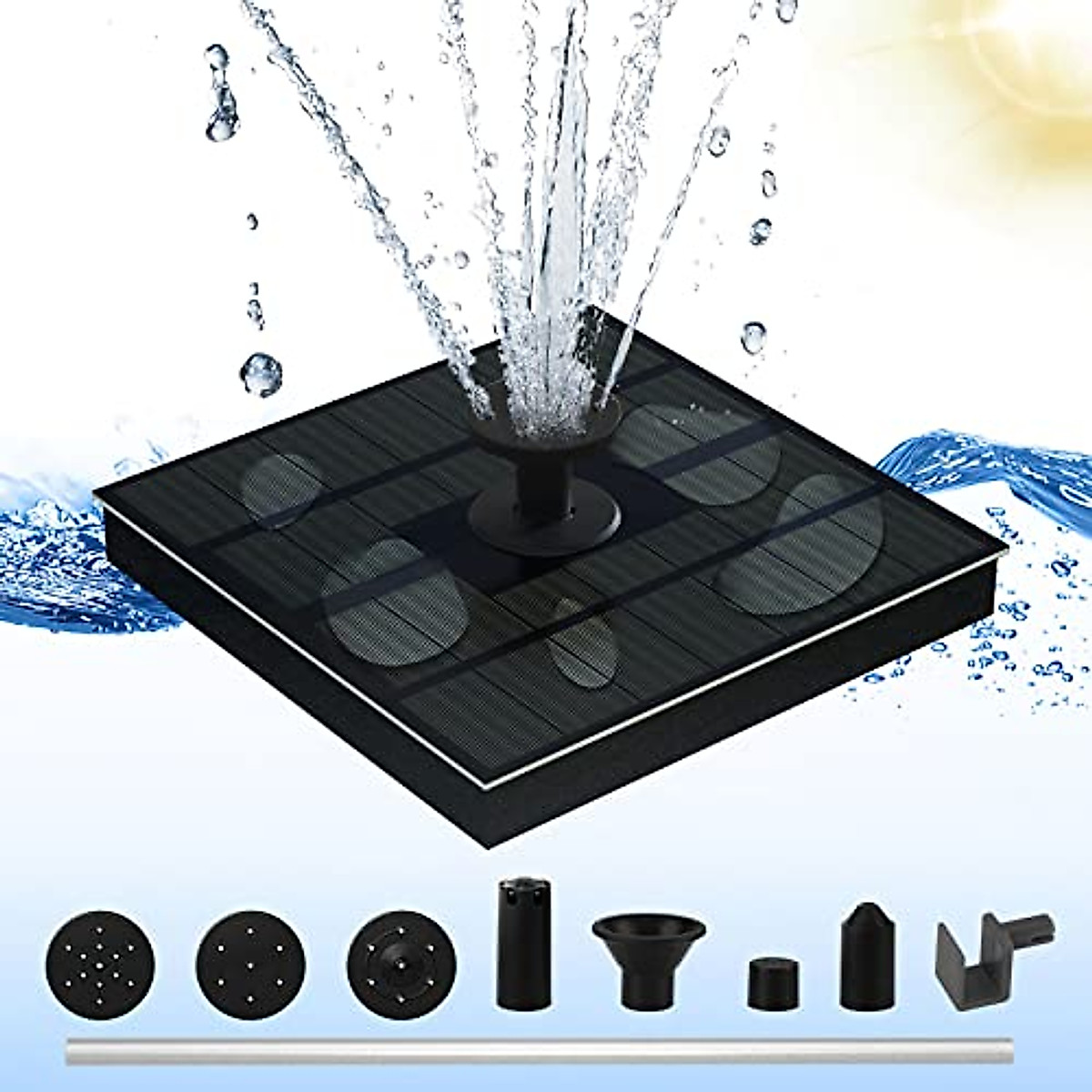 LEDGLE Solar Fountain Pump for Bird Bath, 2W Solar Fountain Pump with 7 Nozzles, Solar Water Fountain with 4 Fixed Rod, Solar Bird Bath Fountains for Outdoors, Pool, Water Feature, Garden, Patio