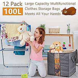 12 Pack 90L Large Storage Bags for Clothes Foldable Closet Organizers Clothes Storage Bins with Clear Window and Reinforced Handles for Comforters, Blankets, Bedding