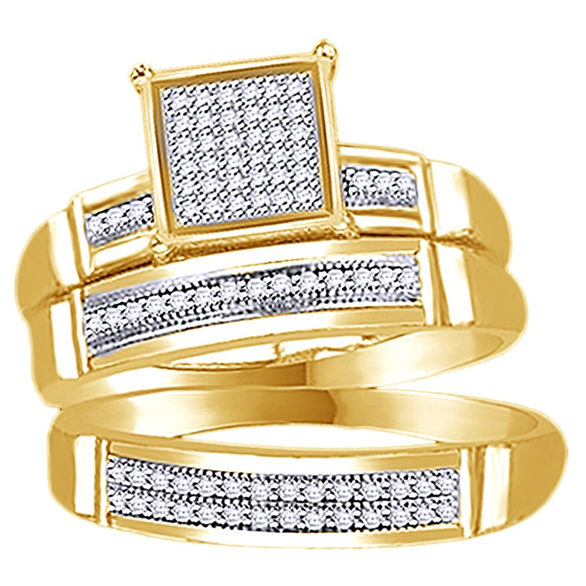 Jewel Zone US White Natural Diamond Engagement and Wedding Trio Band Ring Set in 10k Solid Yellow Gold (0.25 Carat)