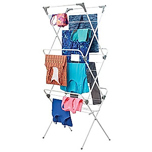 mDesign Tall Metal Foldable Laundry Clothes Drying Rack Stand - Compact, Portable, Folding, and Collapsible for Storage - Large Capacity, 27 Drying Rods, 46 Feet of Drying Hanger Space - White/Gray