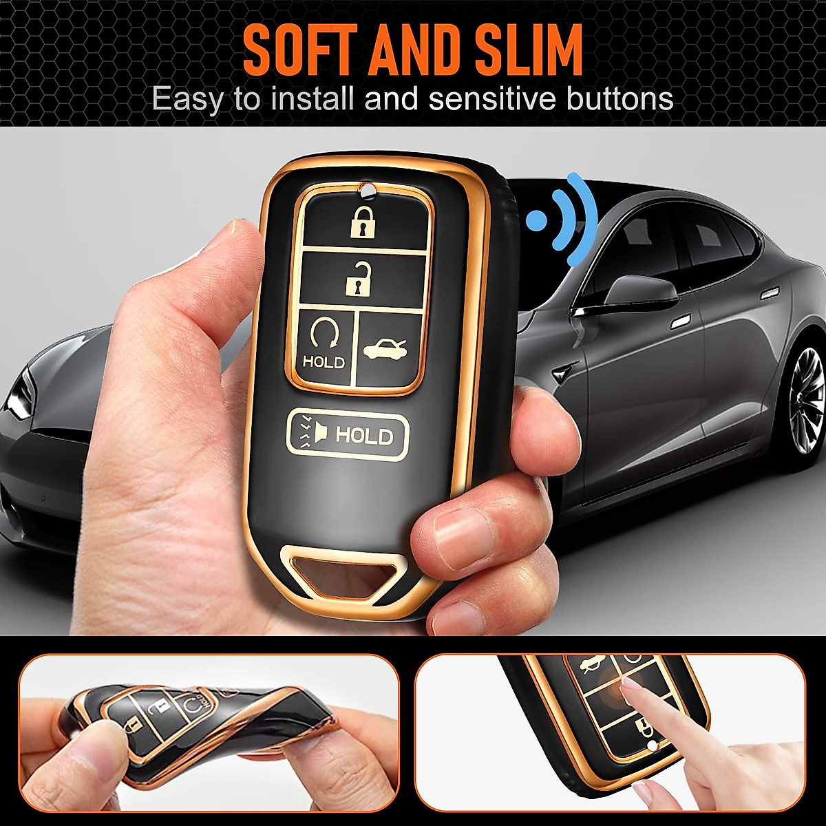 Toykee for Honda Key Fob Cover Keychain Accessories for Accord Civic CR-V CRV Pilot Passport HRV EX EX-L Touring Premium Odyssey 5 Buttons, TPU Case+D-Ring+Key Chain+Hook(Black)