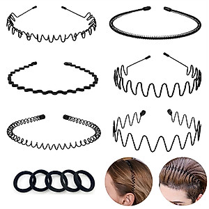 LERNOU Metal Men Headbands Women Hair Bands, Unisex Black Wavy,Spring And Summer Outdoor Sports Headbands, Fashion Simple Elastic Hair Accessories (6pcs)