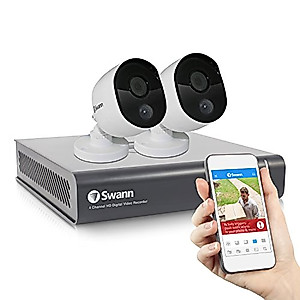 Swann Home Security Camera System, 4 Channel 2 Bullet Cameras, 1080p HD DVR, Indoor/Outdoor Wired Surveillance CCTV, Night Vision, Heat & Motion Sensing, Alexa + Google, 1TB Hard Drive, SWDVK-445802V