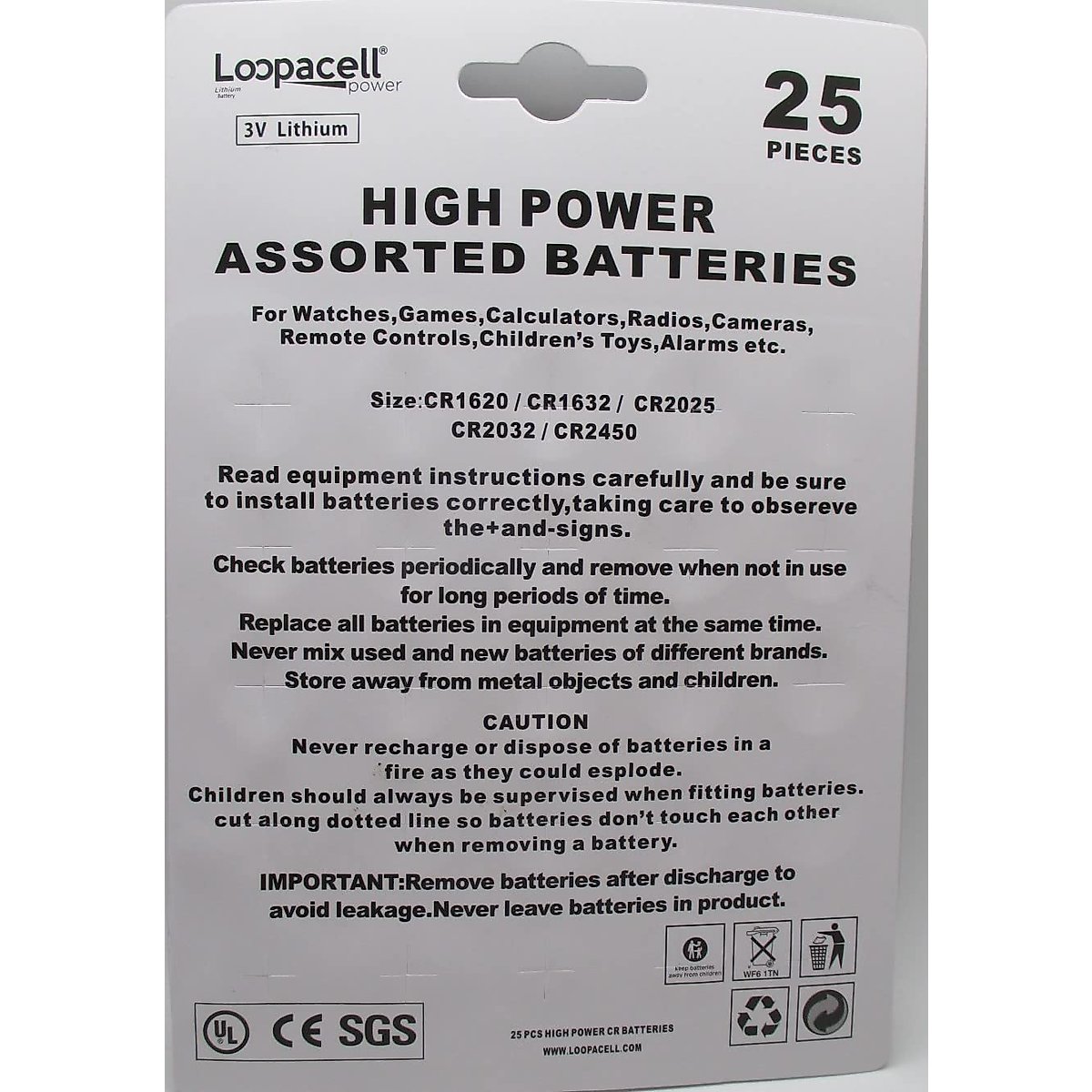Loopacell High Power Button Cell 3V Lithium Assorted Battery CR2032 CR2025 CR2450 CR1620 CR1632, 25 Piece Set