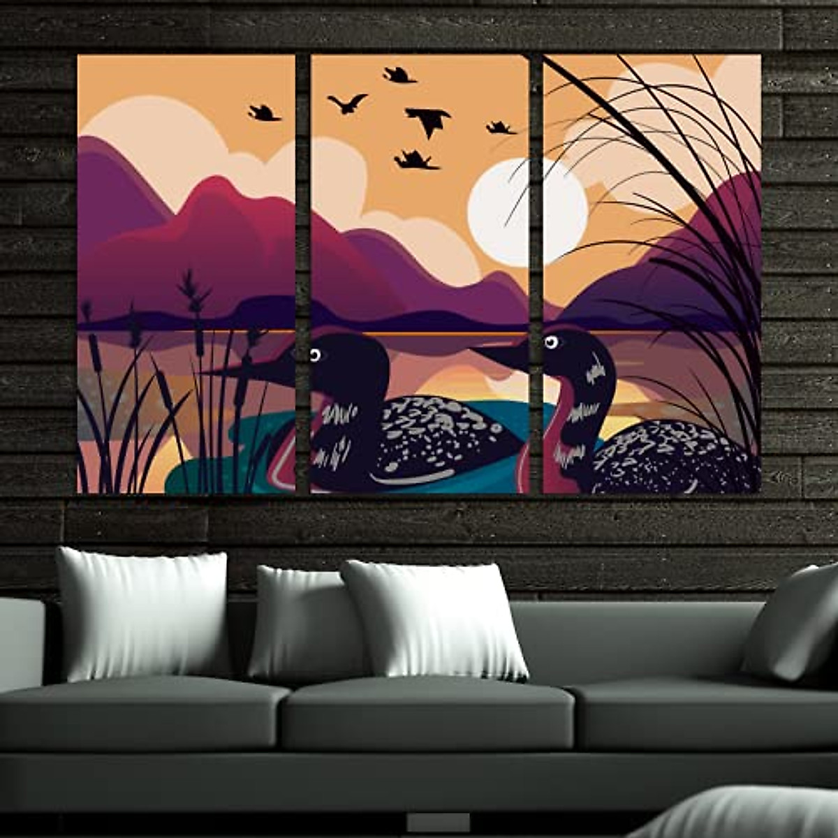 Solomon_Denny 3 Pieces Oil Prints Wall Art Loon Bird In The Sunset Lake Pictures Modern Painting for Living Room Bedroom Office Home Decoration Wall Decor Large