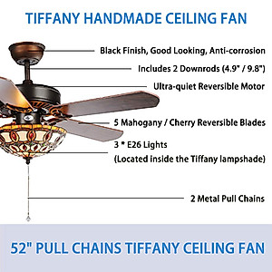 52-Inch Black Ceiling Fan With Tiffany Light