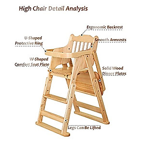 Wood High Chair with Tray, Baby Highchairs, Children High Stool Dining Chair for Babies and Toddlers Portable Kids Folding Chair with Safety Belt Adjustable Height (6 Months to 7 Years) (Color : A)
