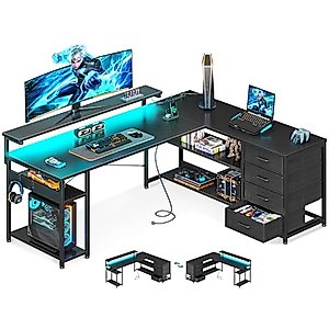 AODK 61" L Shaped Desk with Drawer, Computer Desk with Power Outlets & LED Lights, Reversible Corner Gaming Desk for Home Office Workstation, Office Desk with Monitor Shelf, Pure Black