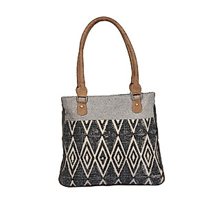 Diamond Pattern Print Upcycled Canvas and Hair-On Leather Handbag