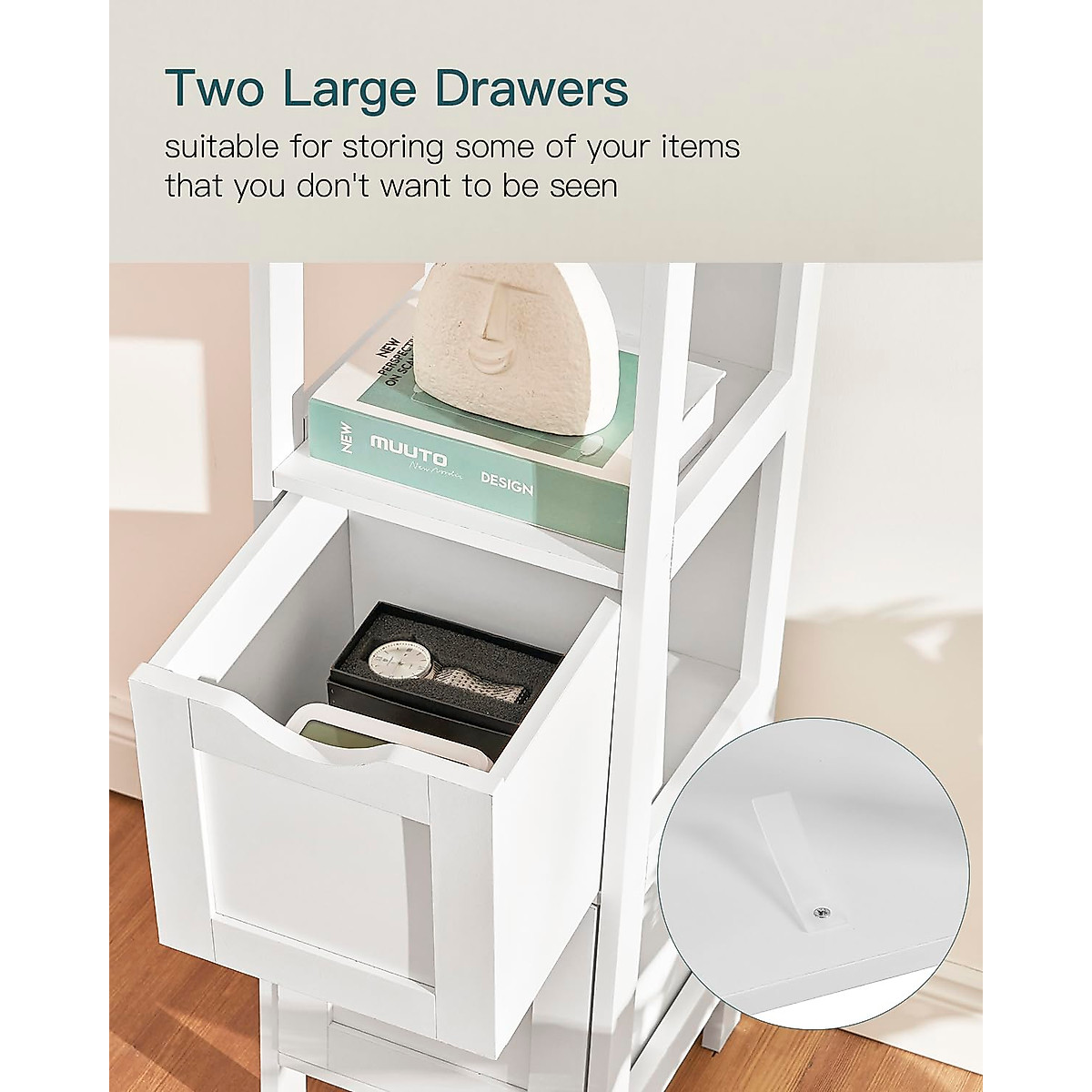 usikey 55.9" H Bathroom Storage Cabinet, Slim Tall Cabinet, Narrow Storage Cabinet with 2 Drawers & 3 Open Shelves, for Bathroom, Living Room, White