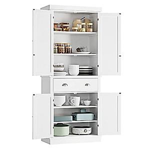 FOTOSOK 72" Utility Pantry Storage Cabinets for Kitchen, Dining Room, Living Room, White , Freestanding Cupboard with 4 Doors, Drawer, 4 Shelves