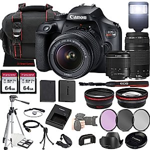 Canon EOS Rebel T100 DSLR Camera w/EF-S 18-55mm f/3.5-5.6 III Lens + EF 75-300mm f/4-5.6 III Lens + 2X 64GB Memory + Case + Filters + Tripod + More (35pc Bundle)