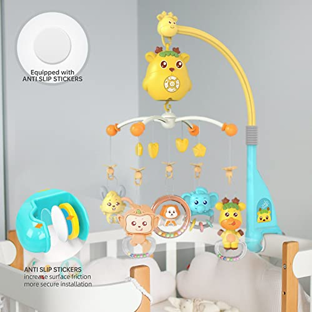 Yuanlebao Crib Mobile for Pack and Play,Baby Crib Toys with Light and Music, Rotation,Timing, Toddlers Toy for Remote Lamp, Projector for Crib Accessories,Nursery Toys for Infant 3M+（Yellow）