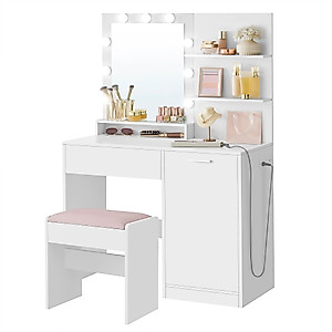 VASAGLE Vanity Desk with Mirror and Lights, 35.4-Inch Wide Makeup Vanity with Upholstered Vanity Stool, Power Outlets, Dimmable LED Lights, Storage Drawer, for Bedroom, Cloud White URDT128W01