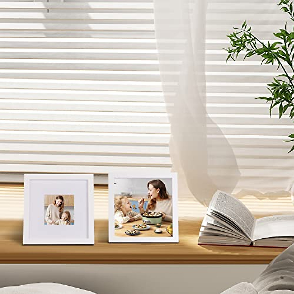 Egofine 8x8 Picture Frames 4 PCS - Made of Solid Wood Covered by Plexiglass for Table Top Display and Wall Mounting Photo Frame for Pictures 4x4/6x6 with Mat White