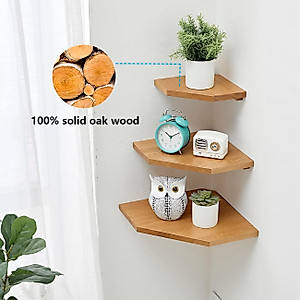 Corner Wall Shelf, Corner Floating Shelves Set of 2 Solid Oak Wood Corner Shelves Wall Mount Display Shelf with Wire Hole Small Plant Display for Kitchen Living Room Bedroom